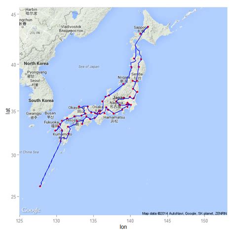 巡回セールスマン問題ggmap 統計ソフトRの備忘録2