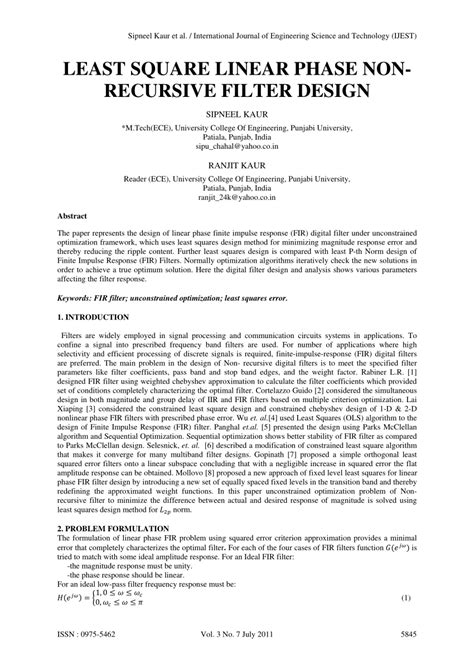 Pdf Least Square Linear Phase Non Recursive Filter Design