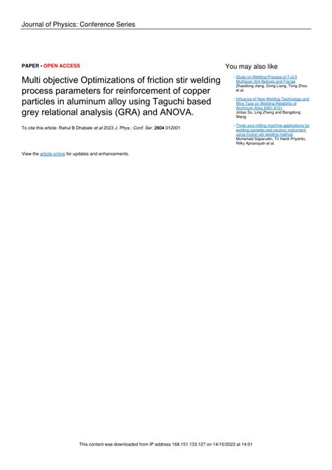 Pdf Multi Objective Optimizations Of Friction Stir Welding Process Parameters For