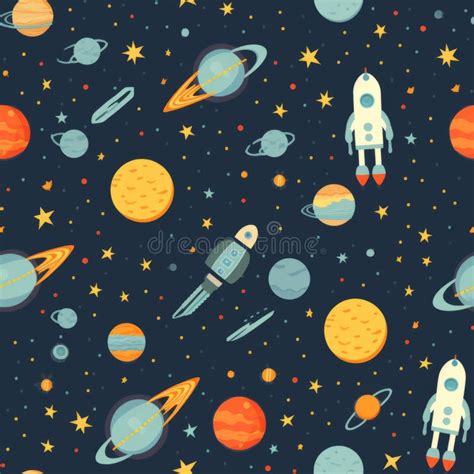Vector Flat Space Seamless Pattern Background Hand Drawn Space Themed Illustrations Stock