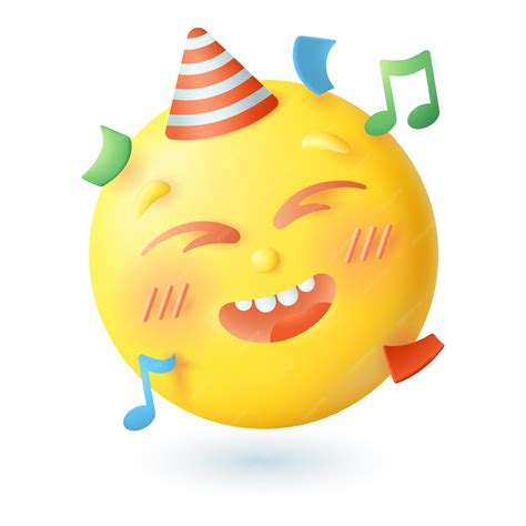 파티 모자 아이콘이 있는 3d 만화 스타일의 행복한 이모티콘 기념일이나 생일 플랫 벡터 삽화를 축하하는 귀여운 노란 얼굴