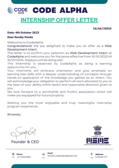 Sandip Panda On Linkedin 4th Internship 3 Months Codealpha Offer Letter
