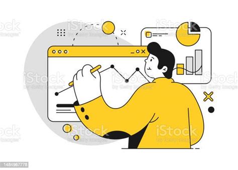 웹 엔지니어 또는 디자이너 빌딩 웹 사이트 선상에서 프레젠테이션을 보여주는 프로젝트를 진행하는 직원 차트 및 통계 평면 만화 그림의 벡터 개발에 대한 스톡 벡터 아트 및