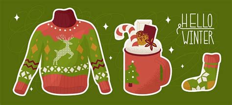 크리스마스와 새해를 축하하기 위해 준비되었습니다 겨울의 편안함의 속성 스웨터 양말 뜨겁고 달콤한 음료 엽서 디자인 고립된 벡터 그림입니다 12월에 대한 스톡 벡터 아트 및