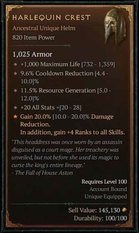Diablo 4 Unique Harlequin Crest