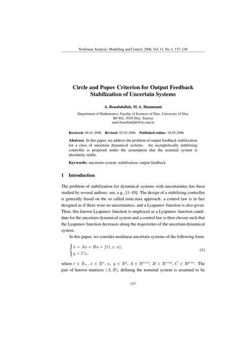 PDF Circle And Popov Criterion For Output Feedback Stabilization Of