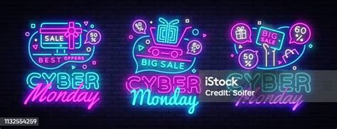 큰 세트 사이버 월요일 네온 스타일 온라인 쇼핑 및 마케팅 개념에서 벡터 일러스트 레이 션 할인 판매 개념 네온 빛 간판 밝은