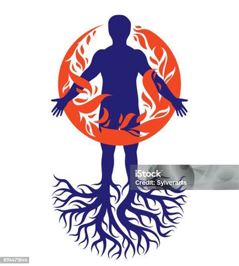 벡터 일러스트 레이 션 운동 남자의 나무 뿌리로 구성 되어 있습니다 그리고 불덩어리로 덮여 강력한 에너지의 무리로 사람을 불