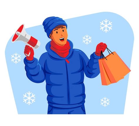 Premium Vector Man In A Winter Jacket With Winter Hat And Scarf Holding Shopping Bags And