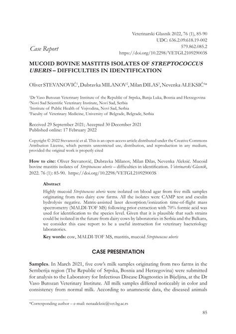 Pdf Mucoid Bovine Mastitis Isolates Of Streptococcus Uberis Difficulties In Identification