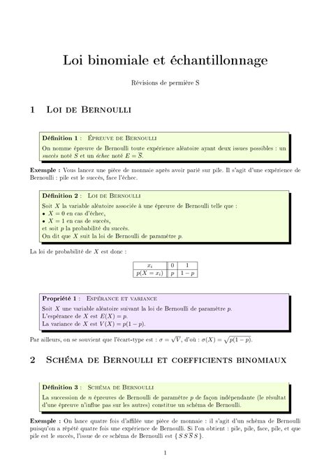 Loi binomiale et échantillonnage 1 Loi de Bernoulli Révisions de permière S