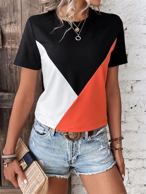 Color Block Tee Summer Outfits Women Color Block Casual Women