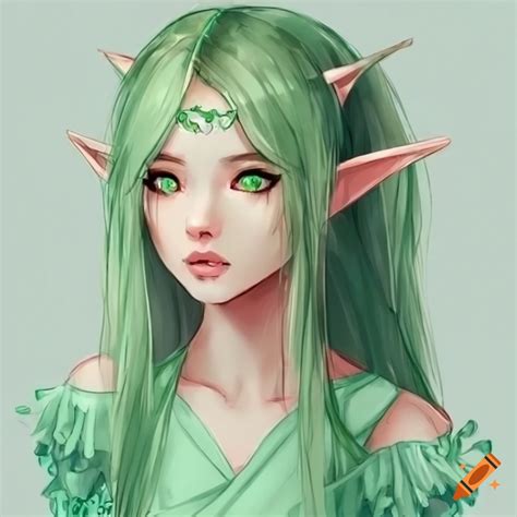 Beautiful Anime Elf Girl Long Hair Updo Fair Hair Green Eyes Light Green Dress On Craiyon