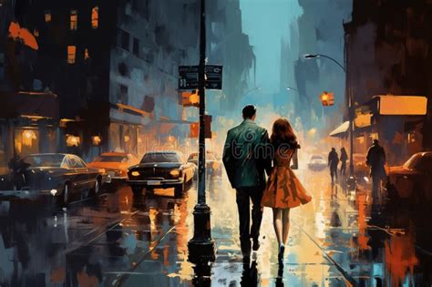 Romantic Couple Man And Woman Walking And Embracing In A City Street