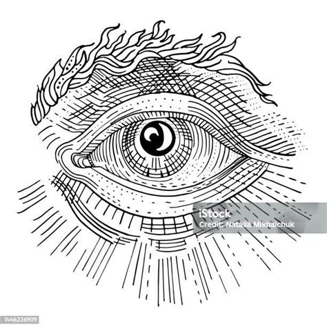 섭리의 눈 빛의 광선으로 모든 것을 보는 눈 손으로 그린 조각 중세 빈티지 스타일의 잉크 그림 문신 디자인 프리메이슨 일루미나티 종교적 밀교적 영적 오컬트 상징 눈 신체