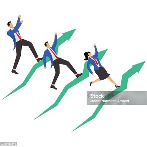 비즈니스 챌린지 성공을 향한 성장 성장 차트 또는 경력 경로 함께 승리하는 팀워크 업무 개선 또는 리더십 동기 부여 개념 성장 화살표 위로 달리는 비즈니스맨 차트 개념에