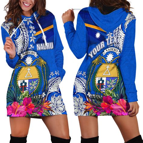 Personalised Nauru Coat Of Arms Hoodie Dress Tropical Flower Polynesian