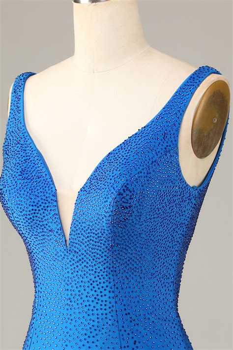 Zapakasa Women Blue Short Homecoming Dress Sheath Deep V Neck Cocktail