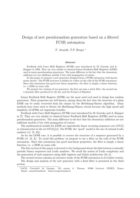 PDF Design Of New Pseudorandom Generators Based On A Filtered FCSR