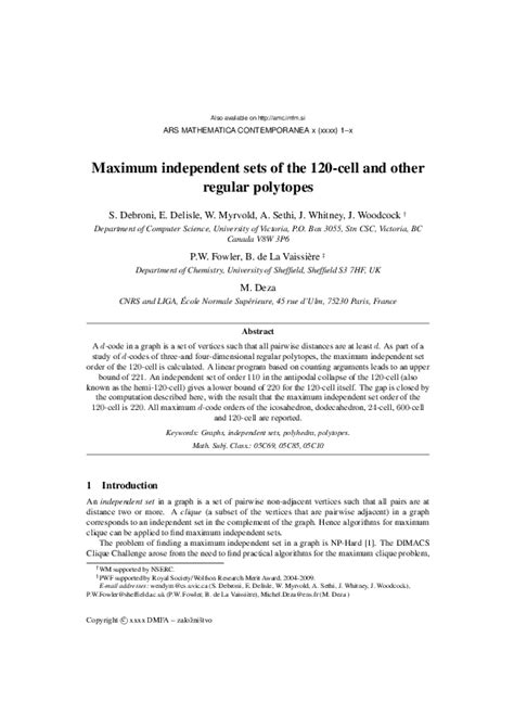 Pdf Maximum Independent Sets Of The 120 Cell And Other Regular