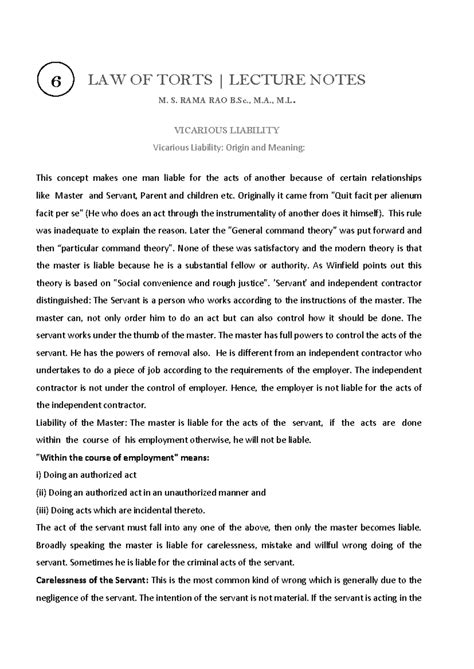 Tort Law Notes 6 Law Of Torts Lecture Notes M S Rama Rao B M