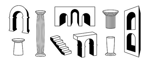라인 아치 기둥 및 계단 컬렉션 윤곽선 초현실적인 기하학적 요소 세트 블랙 대담한 3d 아크 도어 기둥 계단 게이트 번들 콜라주