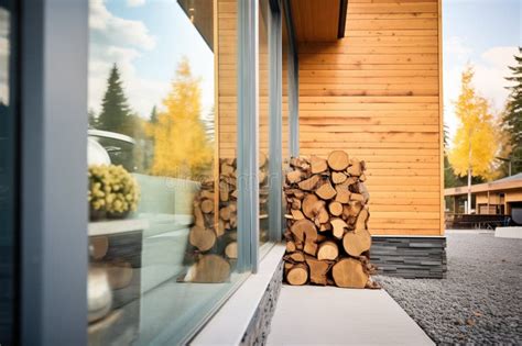 Closeup Of The Intersection Of Log Walls And Modern Glass Windows Stock