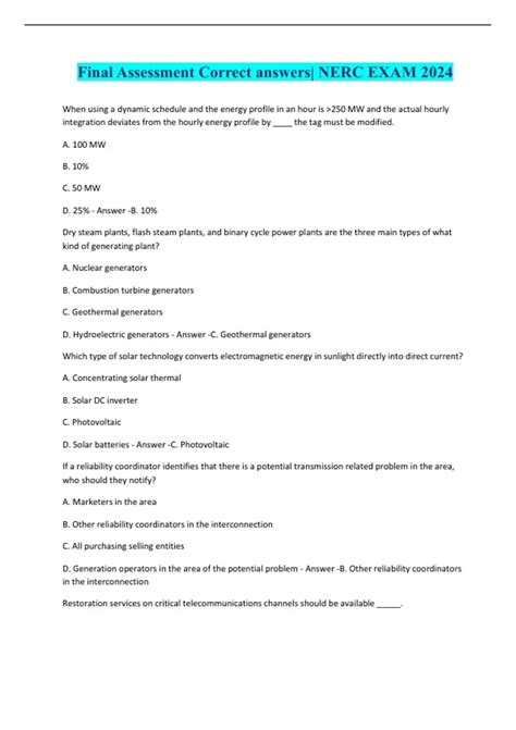 Final Assessment Correct Answers Nerc Exam 2024 Nerc Stuvia Us