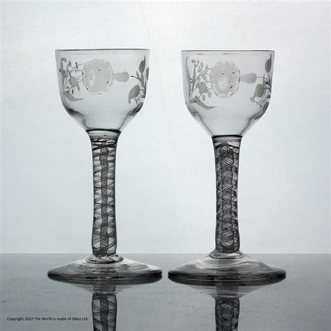 Pair Of Georgian Engraved Double Series Opaque Twist Wine Glasses The