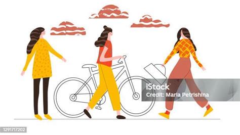 도시 야외 활동 만화 캐릭터 여자가 명상하고 여자가 자전거를 타고 학생이 걷고있다 흰색 배경에 고립 된 현대적인 스타일의 손으로 그린 및 라인 벡터 일러스트레이션 걷기에