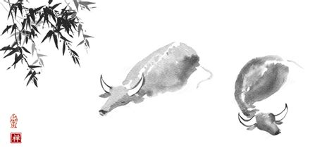 물에 두 개의 버팔로 황소의 잉크 워시 그림 전통적인 동양 잉크 페인팅 스미e U죄 고화 상형 문자의 번역 선 추상적인에 대한 스톡 벡터 아트 및 기타 이미지 Istock