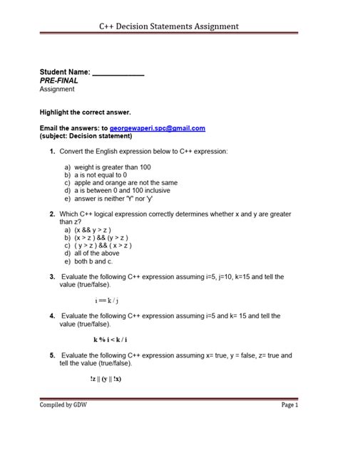 C Decision Statements Assignmentdoc Pdf C Computer Programming
