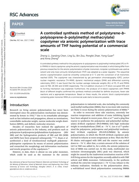 Pdf A Controlled Synthesis Method Of Polystyrene B Polyisoprene B Polymethyl Methacrylate