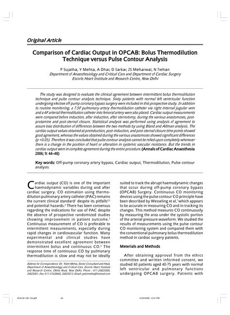 Pdf Comparison Of Cardiac Output In Opcab Bolus Thermodilution Technique Versus Pulse Contour