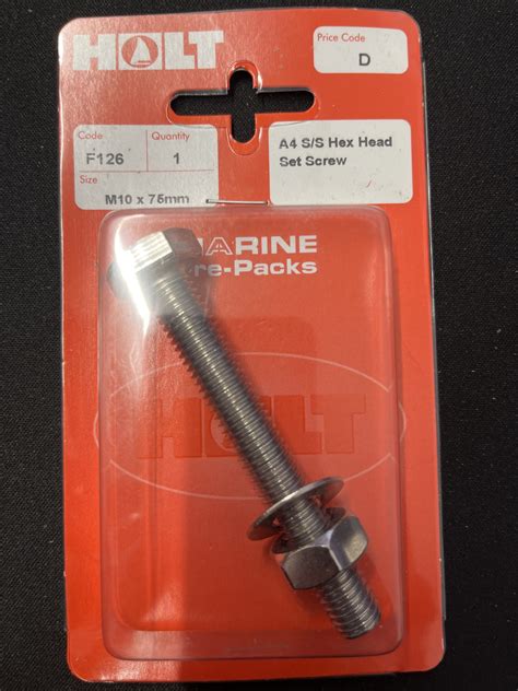 Holt Marine F126 M10 X 75mm A4 S S Hex Set Screw Pack Newline Chandlery