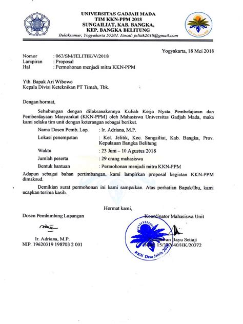 Surat Pengantar Kemitraan Kkn Ppm Ugm 2018 Pdf