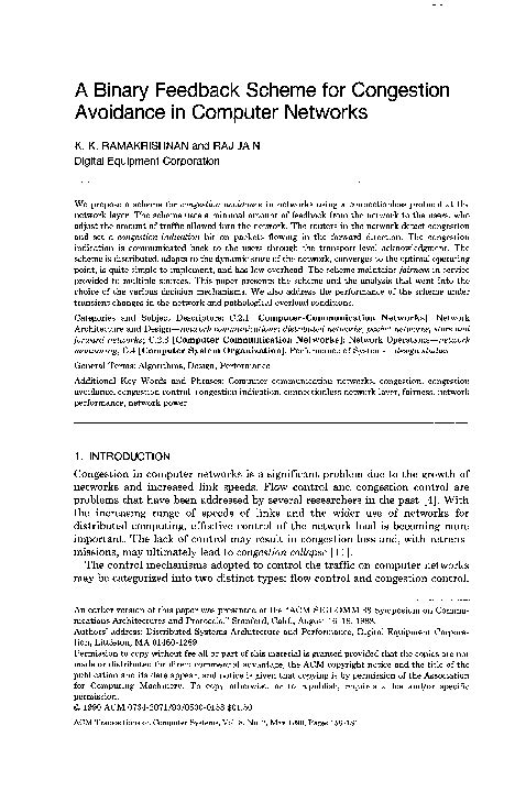 Pdf A Binary Feedback Scheme For Congestion Avoidance In Computer Networks