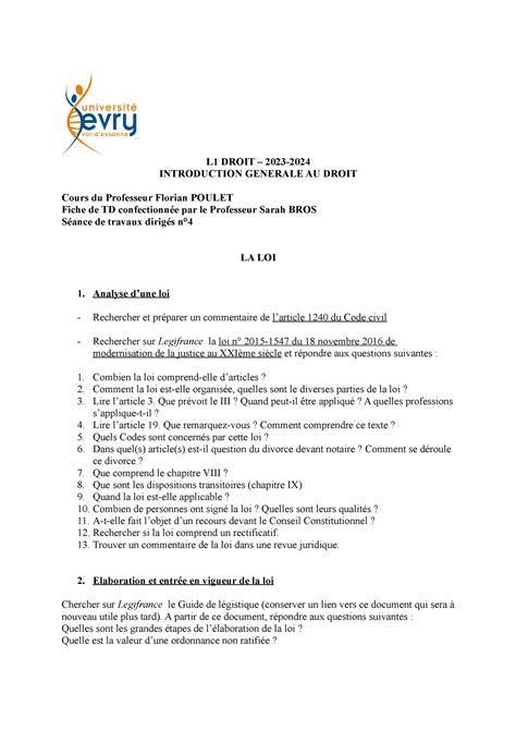 L1 s Ãance 4 Introduction au droit L1 DROIT 2023 INTRODUCTION GENERALE AU DROIT Cours du