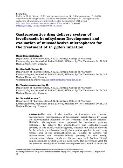 Pdf Gastroretentive Drug Delivery System Of Levofloxacin Hemihydrate Development And