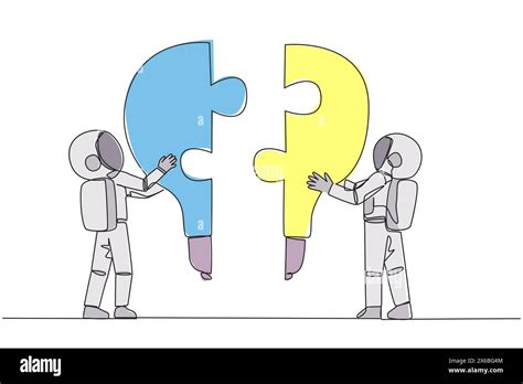 Single Continuous Line Drawing Two Astronauts Holding Up Two Lightbulb Shaped Puzzle Pieces