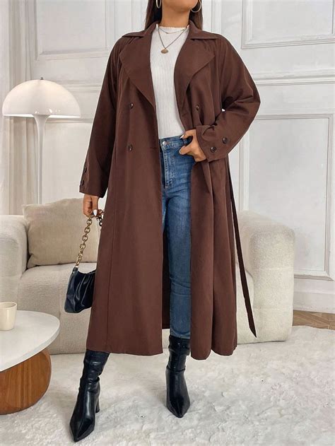 플러스 사이즈 여성용 솔리드 컬러 라펠 칼라 긴팔 더블 브레스트 긴 캐주얼 트렌치 코트 봄and가을 Áo Khoác Mùa Thu Nâu Mocha