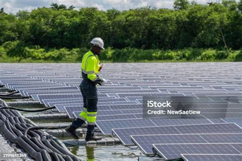 떠 있는 부표에서 태양 전지판을 점검하는 엔지니어 이 발전소는 물과 재생 에너지를 사용하여 친환경 전기를 생산합니다 기술자에 대한 스톡 사진 및 기타 이미지 Istock