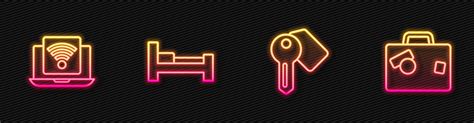 세트 라인 호텔 도어 잠금 키 무선 노트북 객실 침대 및 가방 빛나는 네온 아이콘 벡터 0명에 대한 스톡 벡터 아트 및 기타