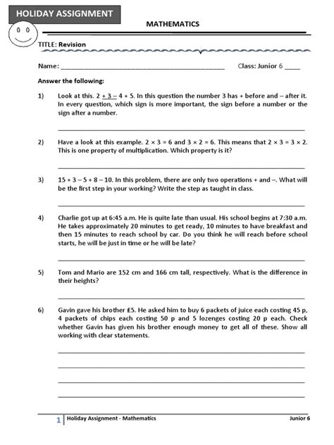 Mathematics Holiday Assignment 1 Pdf Numbers Arithmetic