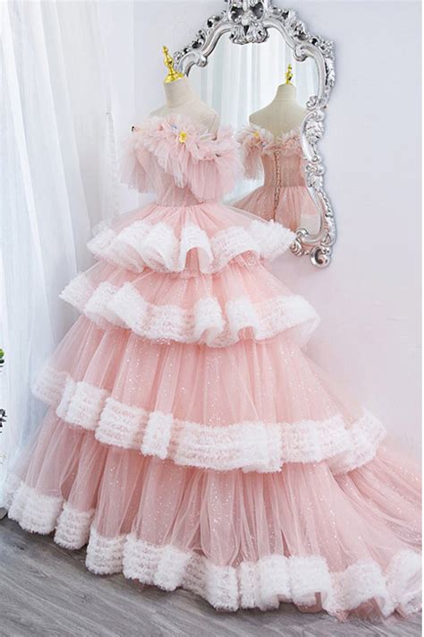 Princess Off The Shoulder Pink Prom Dress Sparkly Ball Gown Long Quin