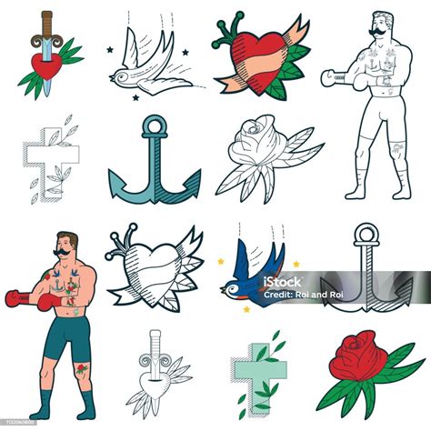 오래 된 학교 문신 디자인 벡터 집합입니다 제비 심장 십자가 앵커 장미 칼 복 서 및 핀 최대 소녀 흰색 배경에 고립의 전통적인