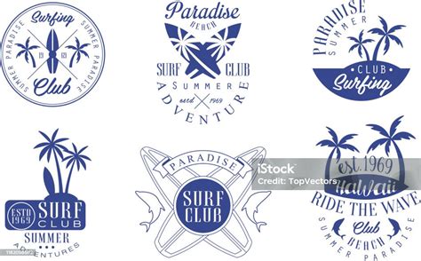 서핑 클럽 레트로 로고 템플릿 세트 파라다이스 비치 클럽 여름 모험 흑백 배지 벡터 일러스트 로고에 대한 스톡 벡터 아트 및 기타 이미지 Istock
