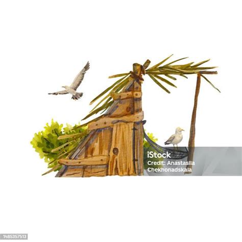 야자수 나뭇가지로 만든 해변 오두막 섬에 있는 집의 수채화 그림 디자인 요소 격리된 배경입니다 만화 스타일 여행하다 손 그림은 엽서 팩 옷에 적합합니다 0명에 대한 스톡
