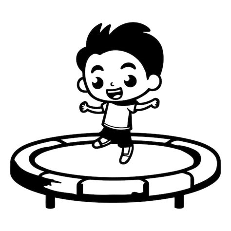 트램폴린 에 뛰어다니는 행복 한 소년 터 만화 일러스트레이션 프리미엄 벡터