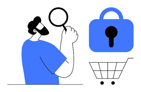 돋보기를 든 남자가 안전한 온라인 쇼핑 기호를 조사하고 있습니다 고객에 대한 스톡 벡터 아트 및 기타 이미지 고객 구매 남자 Istock